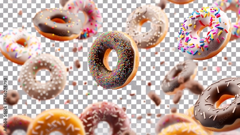 Collection of round donut doughnut, Colourful set, flying falling with ...