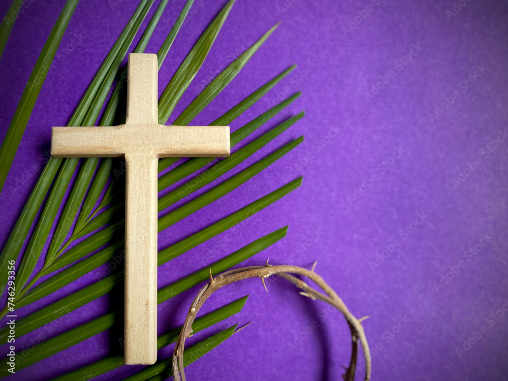 Holy Week, Lent, Palm Sunday, Good Friday, Easter Sunday Concept. Cross shaped with palm leaf ...