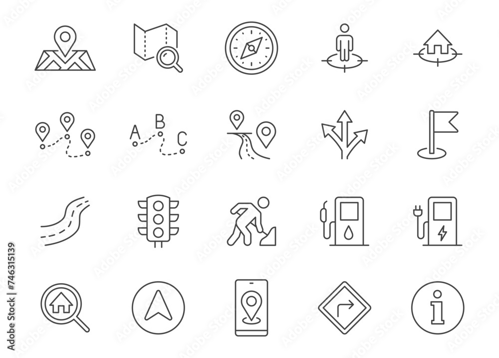 Location line icon set. Map pin, gps signal, route, distance marker ...