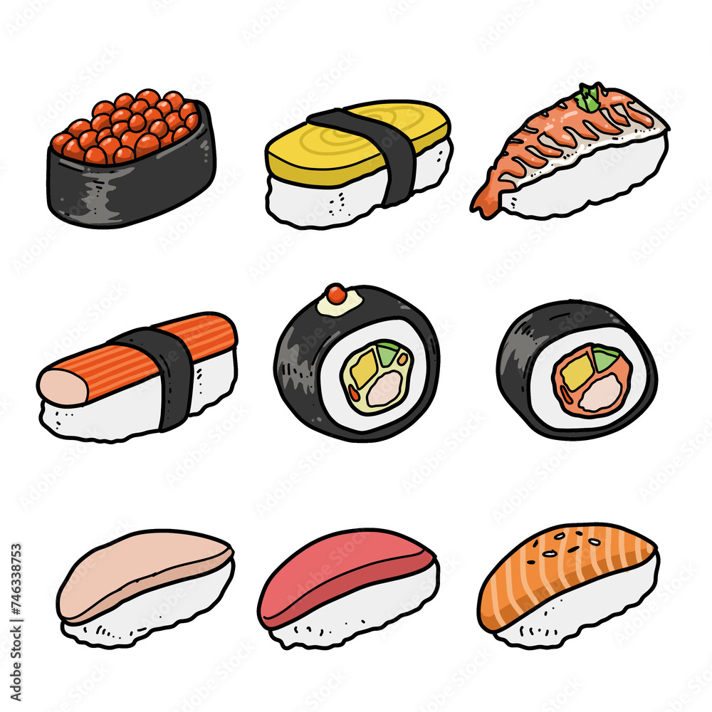 set of sushi sticker logo aesthetic food japan party birthday vector ...