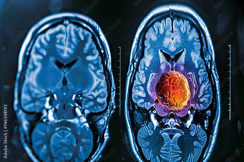 A side-by side comparison of MRI images of a brain one healthy and the other showing a malignant ...