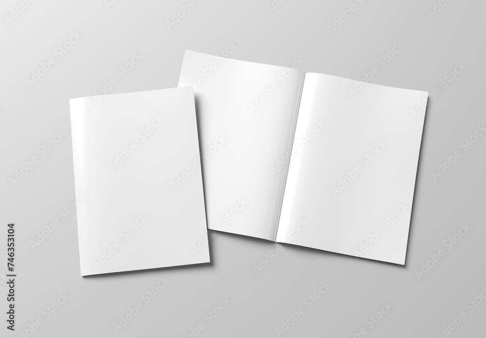 Magazine cover and open magazine mockup on white background. Empty ...