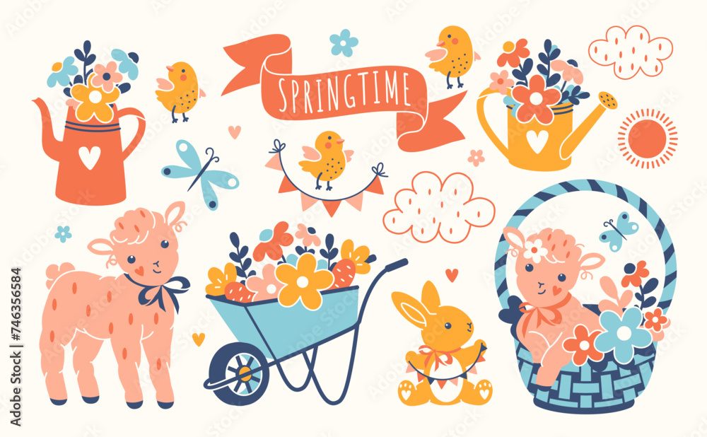 Spring sticker collection. Adorable Easter holiday animals and ...