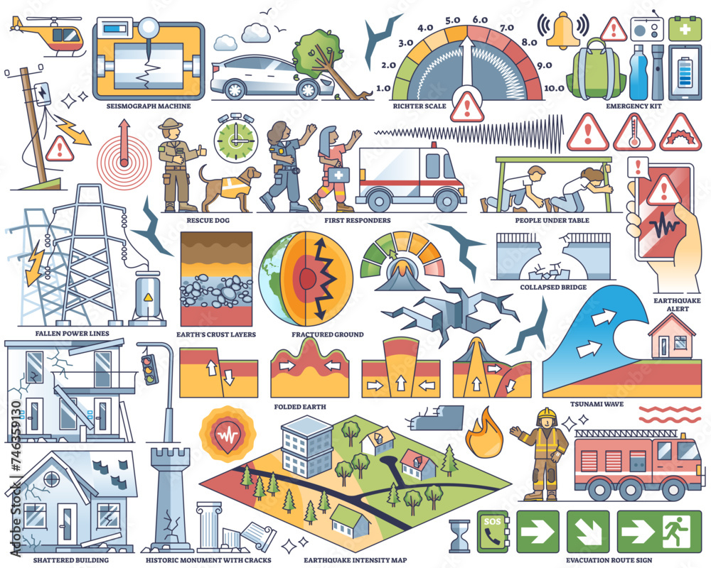 Earthquake or other nature disaster rescue elements in outline ...