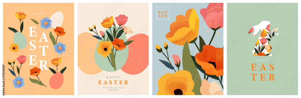 Happy Easter Set of greeting cards, posters, holiday covers. Trendy ...