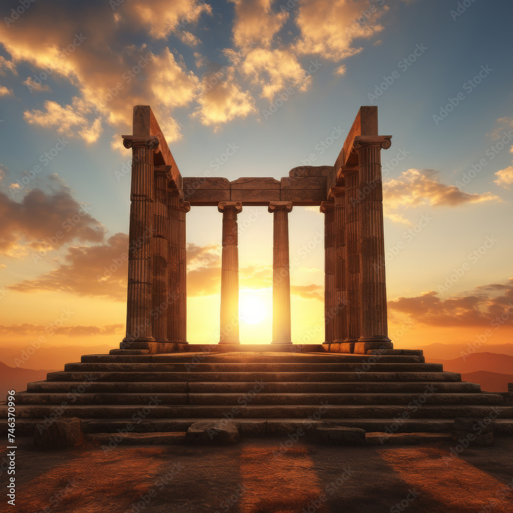 panorama of an ancient Greek rock temple, where twilight casts its ...