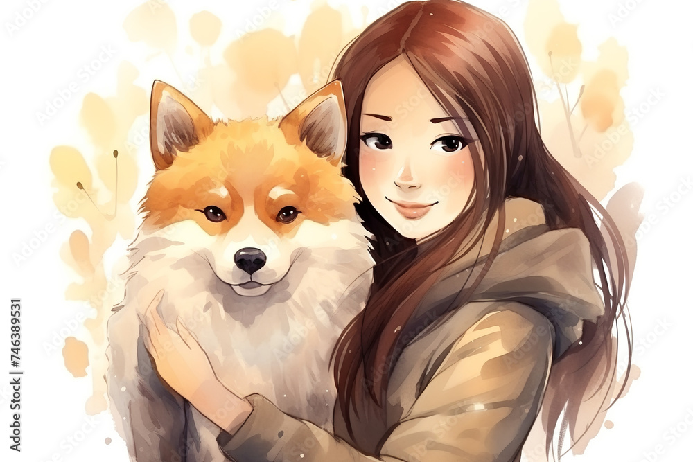 watercolor painting of asian girl with shiba inu dog, copy space ...
