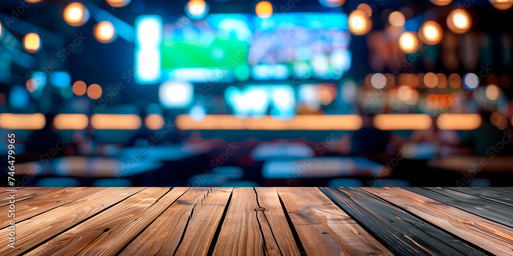 Empty wooden counter in sports bar or pub with blurred TV displays with ...