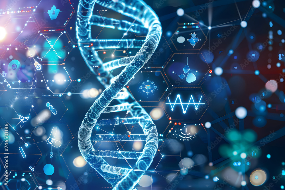 Artificial intelligence AI in Healthcare. DNA double helix intertwined ...