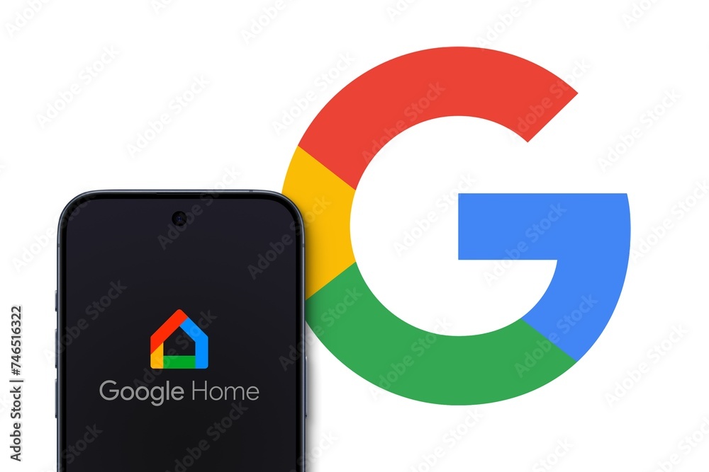 Google Home logo is displayed on a modern smartphone, big Google logo ...