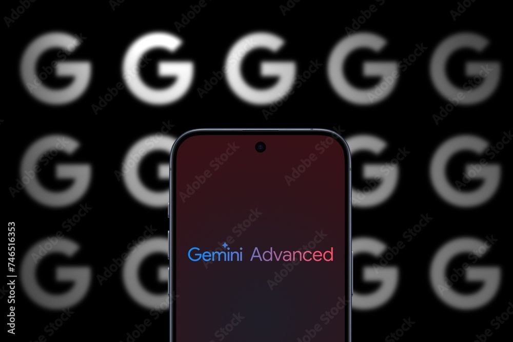 Gemini Advanced Logo is displayed on a modern smartphone, big white ...