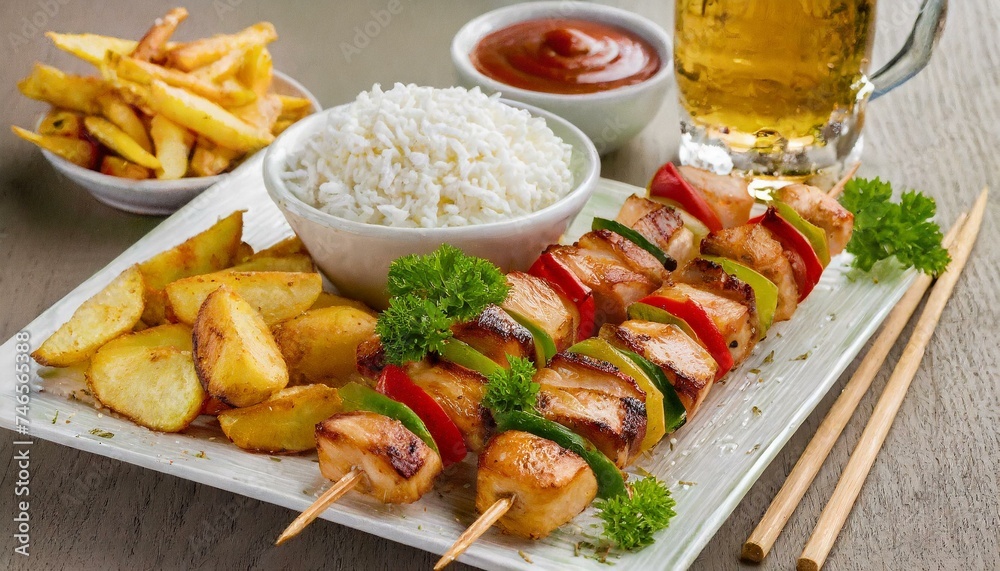 Churrasquinho. Comida brasileira. Prato com espetinho de frango, arroz ...