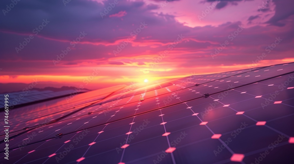Vast solar panel array capturing the last rays of the sun at dusk ...