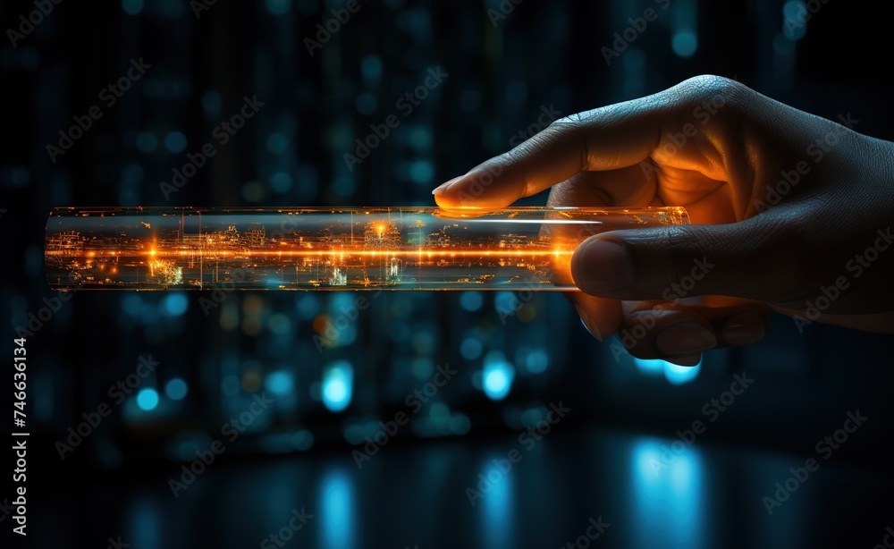a hand holding a pencil, pointing towards a blue light, and referencing ...