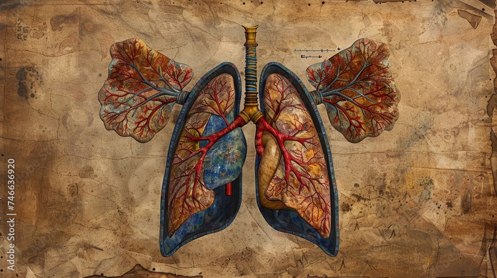 A vintage-styled illustration depicts the intricate anatomy of human ...
