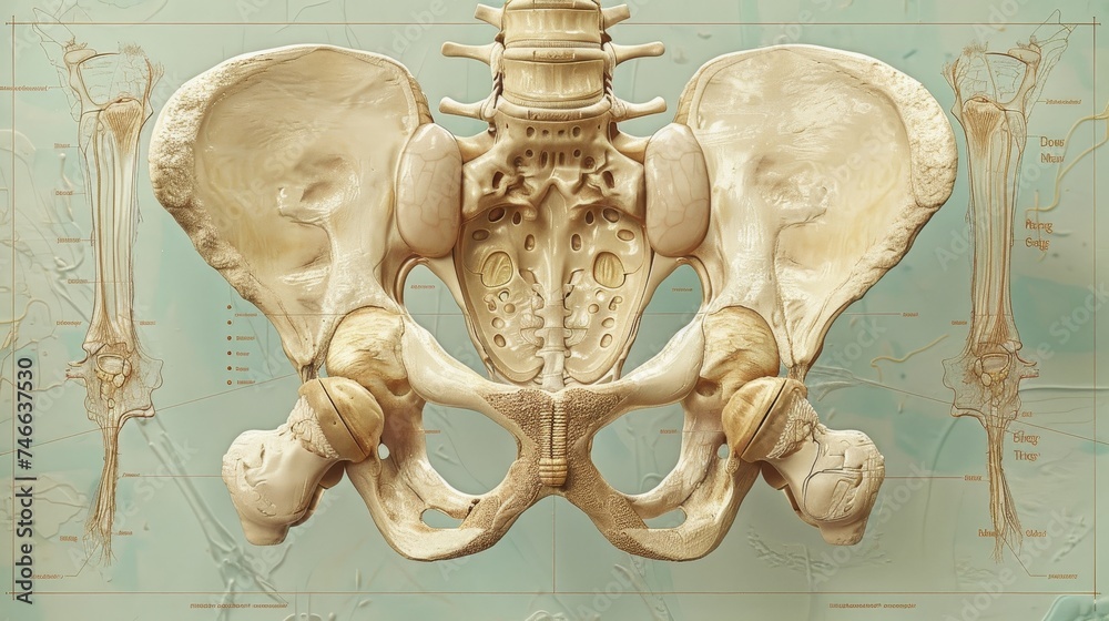 Educational chart depicting the human pelvic bone anatomy with detailed ...