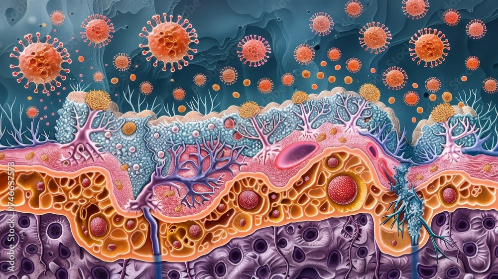 This vibrant illustration depicts the complex interaction between ...