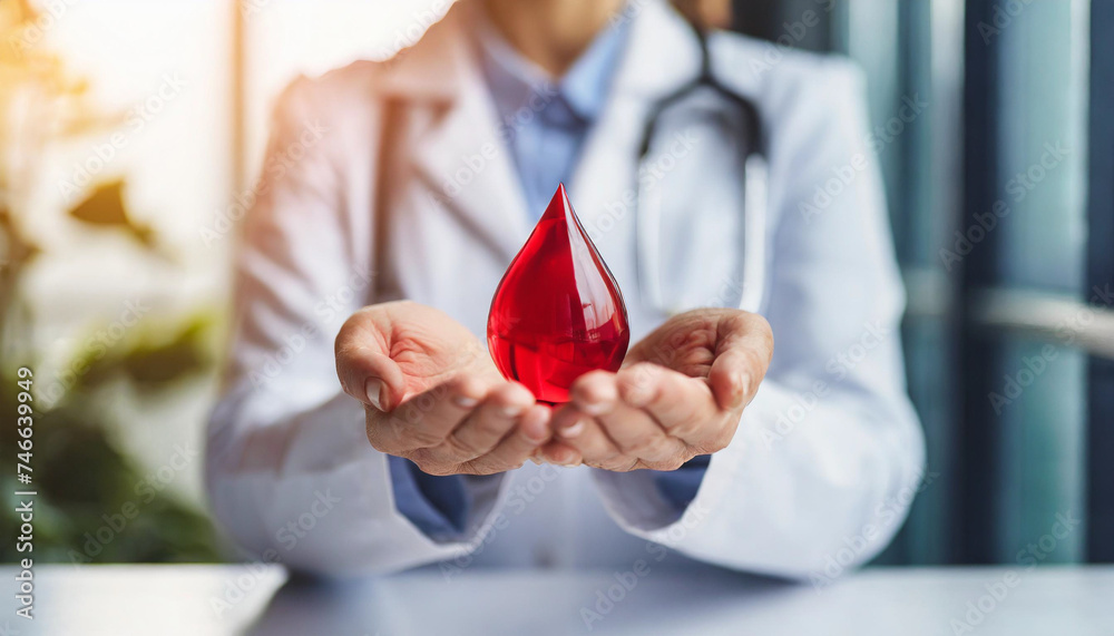 woman in white coat holds 3D red blood droplet, symbolizing Hemophilia ...