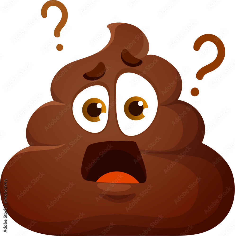 Cartoon poop emoji wondering with question signs, funny poo excrement ...