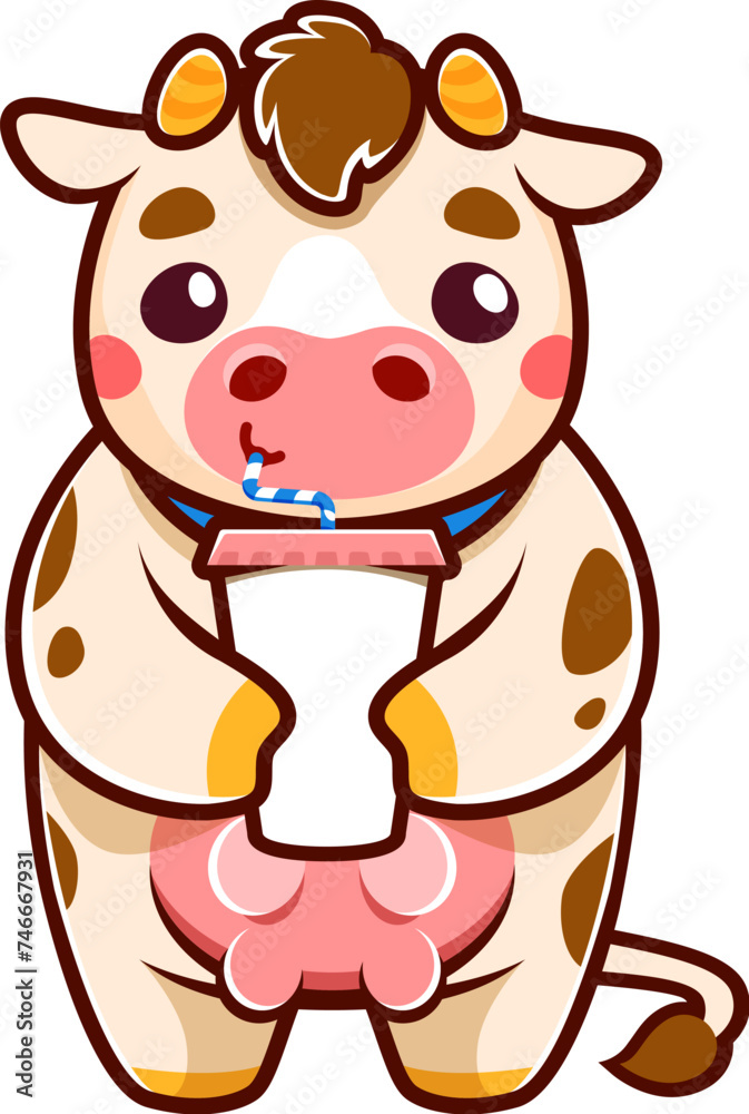 Cartoon cute cow character with milk or milkshake drink cup and ...