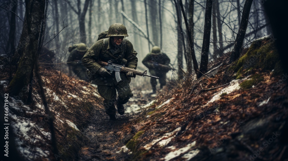 World war ii soldiers fighting on the battlefield with guns and ...