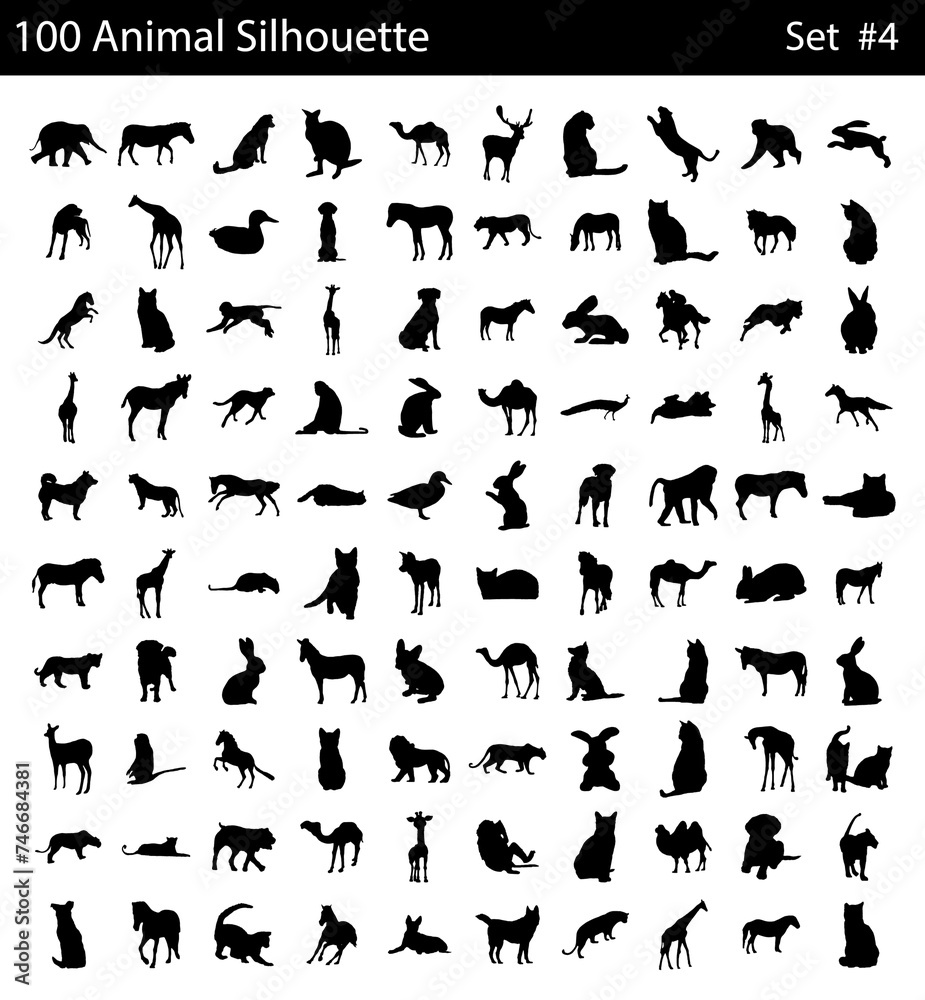 Vector set of 100 very detailed animal silhouettes. Animals icon set ...
