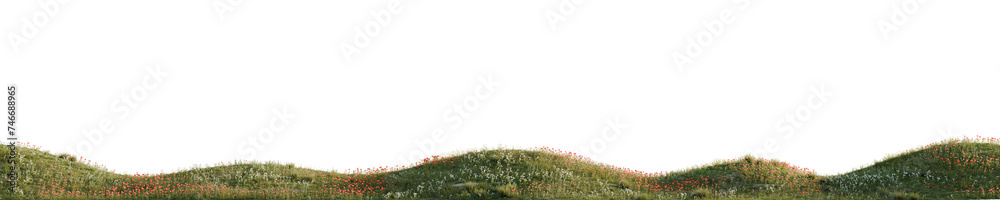 Panorama of hills with grass on a transparent background. 3D rendering ...