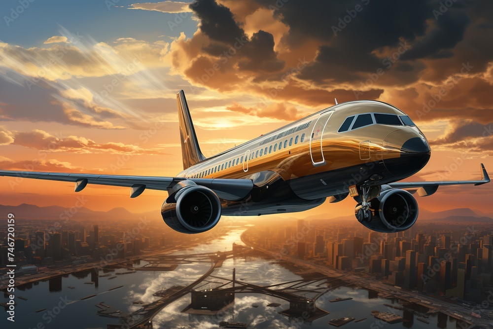 commercial jet plane with sun background, in the style of photo ...