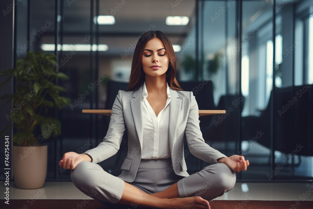 Beautiful calm young woman Meditate in office space. Business lady in ...
