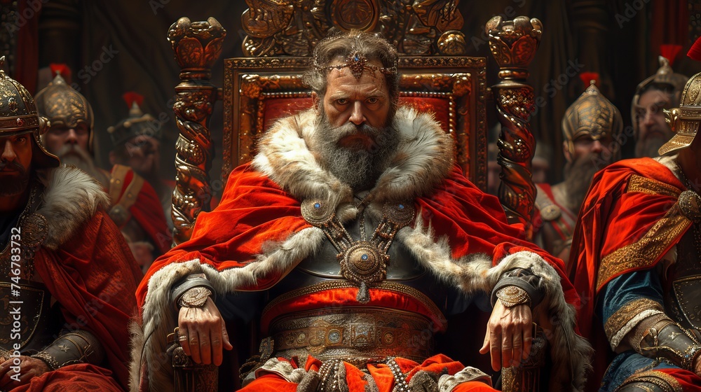 king in luxurious robes sitting on a throne. Surrounded by warriors in ...