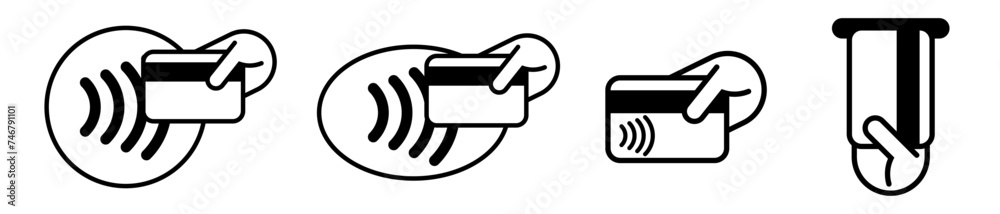 Contactless payment icons of credit card and hand tap pay wave. Vector ...