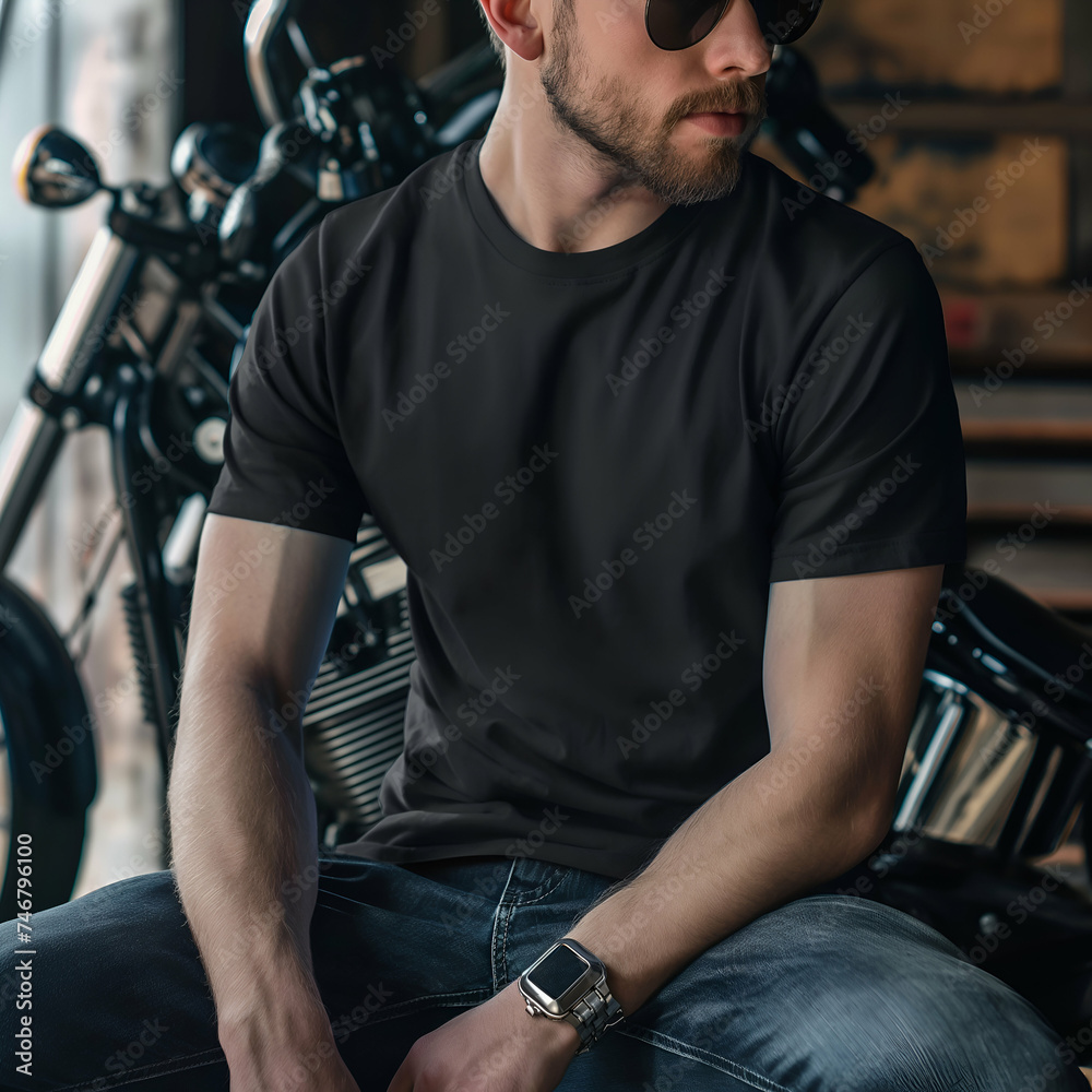 Biker male model with motorcycle wearing blank black t-shirt mockup ...
