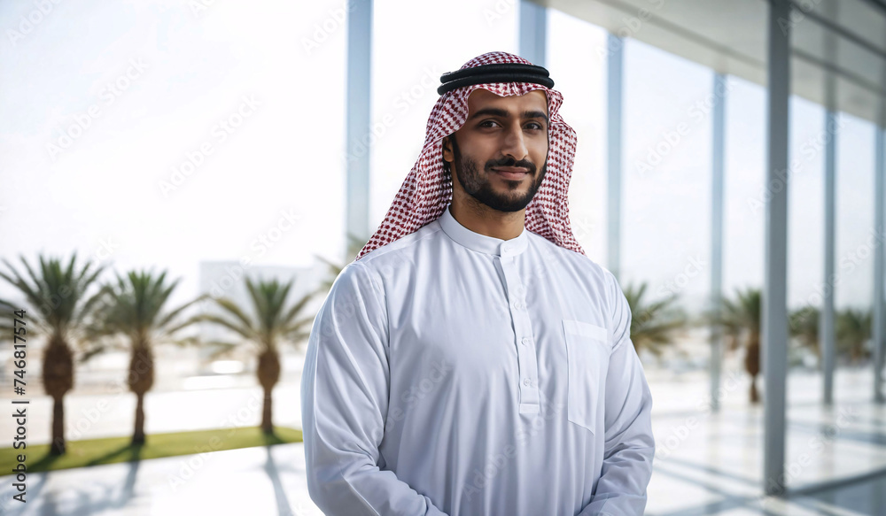 Young handsome Emirati business man in UAE traditional outfit. Arabic ...