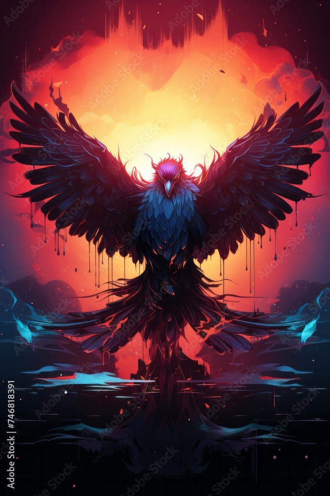 A painting depicting a large bird, a majestic roc, with its wings ...