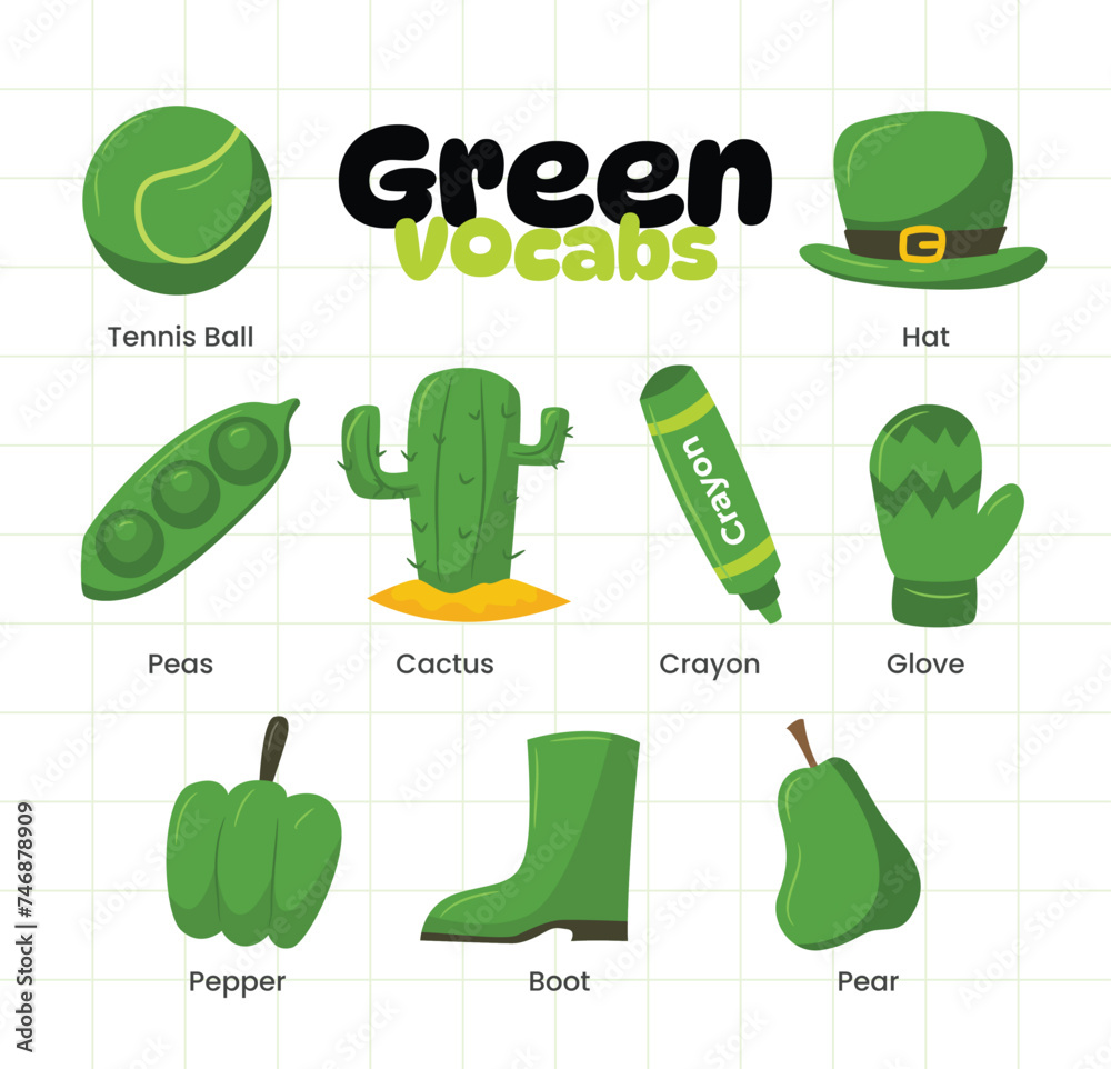 Set of green color objects vocabulary collection, Learning colors for ...