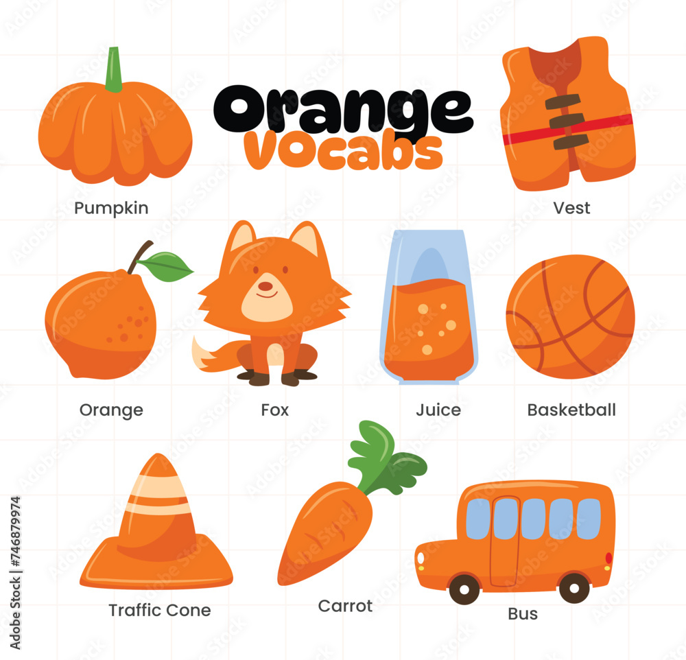 Set of orange color objects vocabulary collection, Learning colors for ...