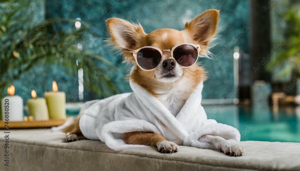 Cool funny poodle dog resting and relaxing in spa wellness salon center ...