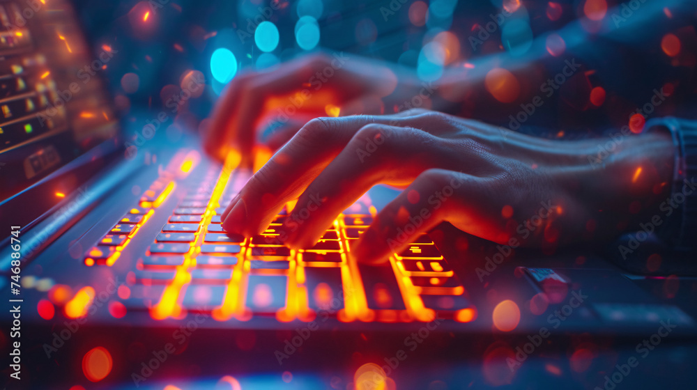 Close-up photo of a person's hands typing on a laptop keyboard at night ...