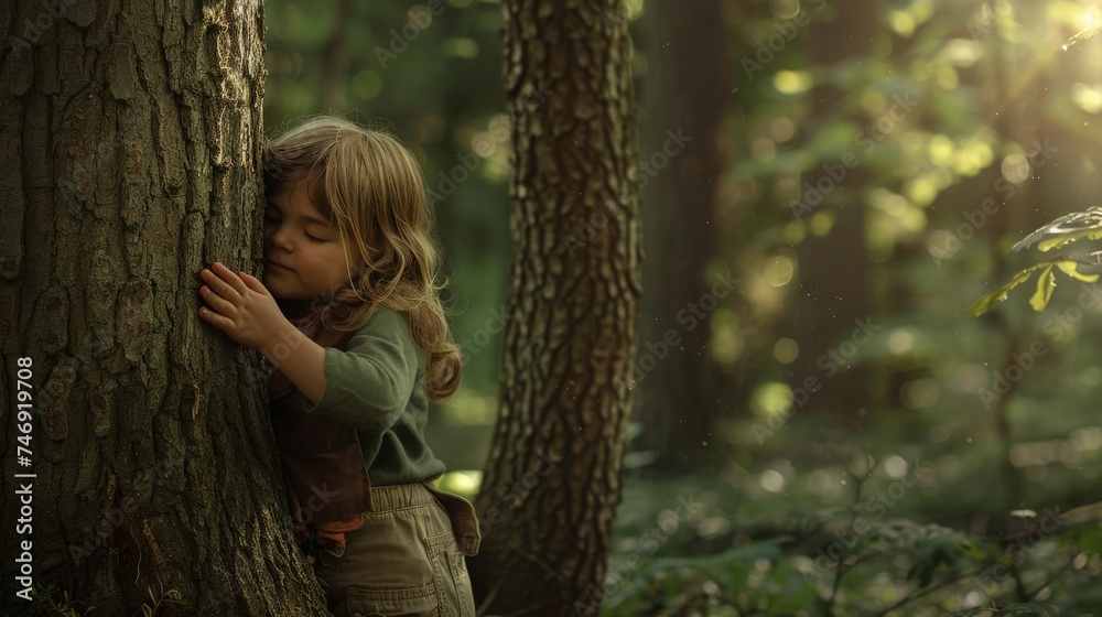 Photo Stock Net zero and carbon neutral concept. Child hugging a tree ...