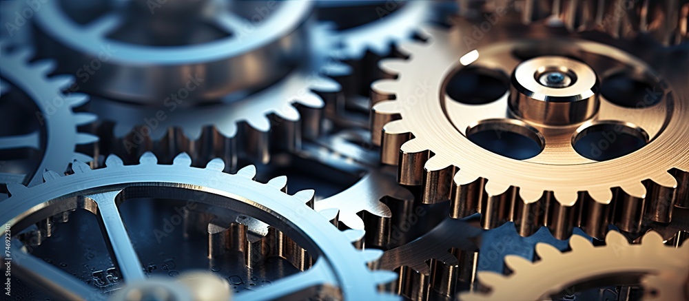 A detailed view of multiple interlocking metal gears, showcasing the ...