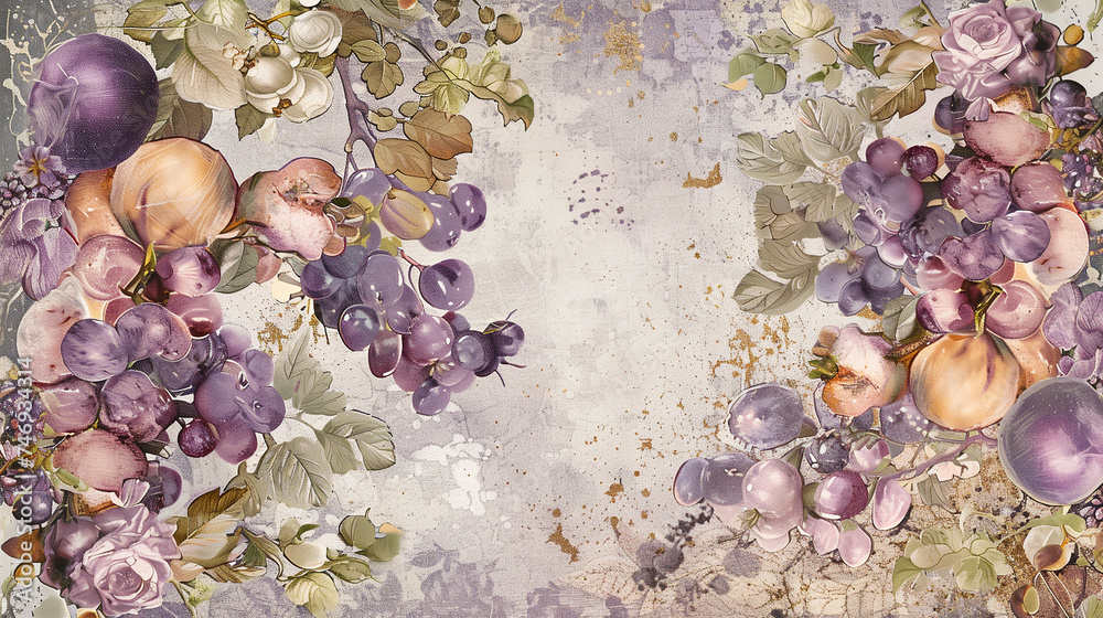 Vintage shabby sheek background with fruit and flowers. Beautiful ...