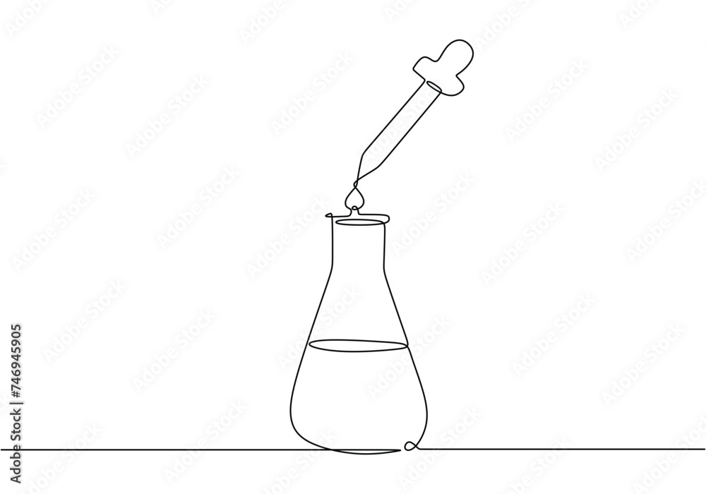Erlenmeyer flask with drip pipette in continuous one line art drawing ...