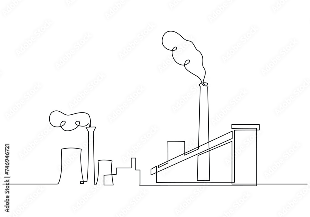 Continuous one line drawing industrial plant outline. Factory ...