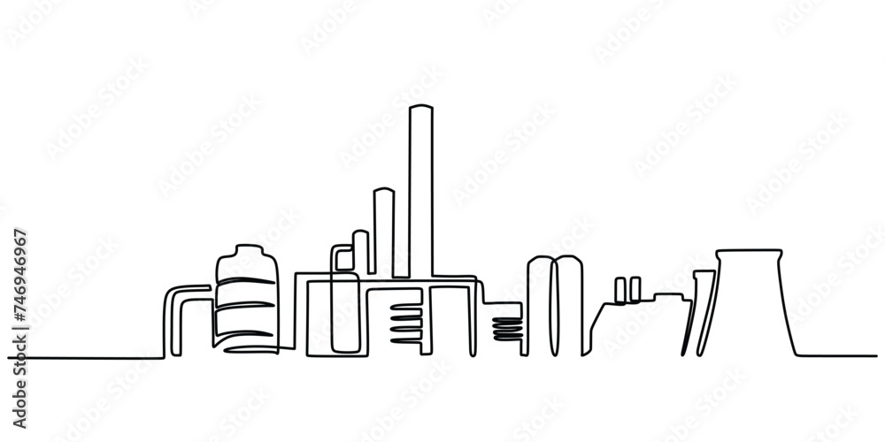 Continuous one line drawing industrial plant outline. Factory ...