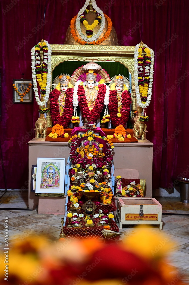 Lord Ram Statue in Temple. Flowers Garland. Ramayana. Lakshman. Goddess ...