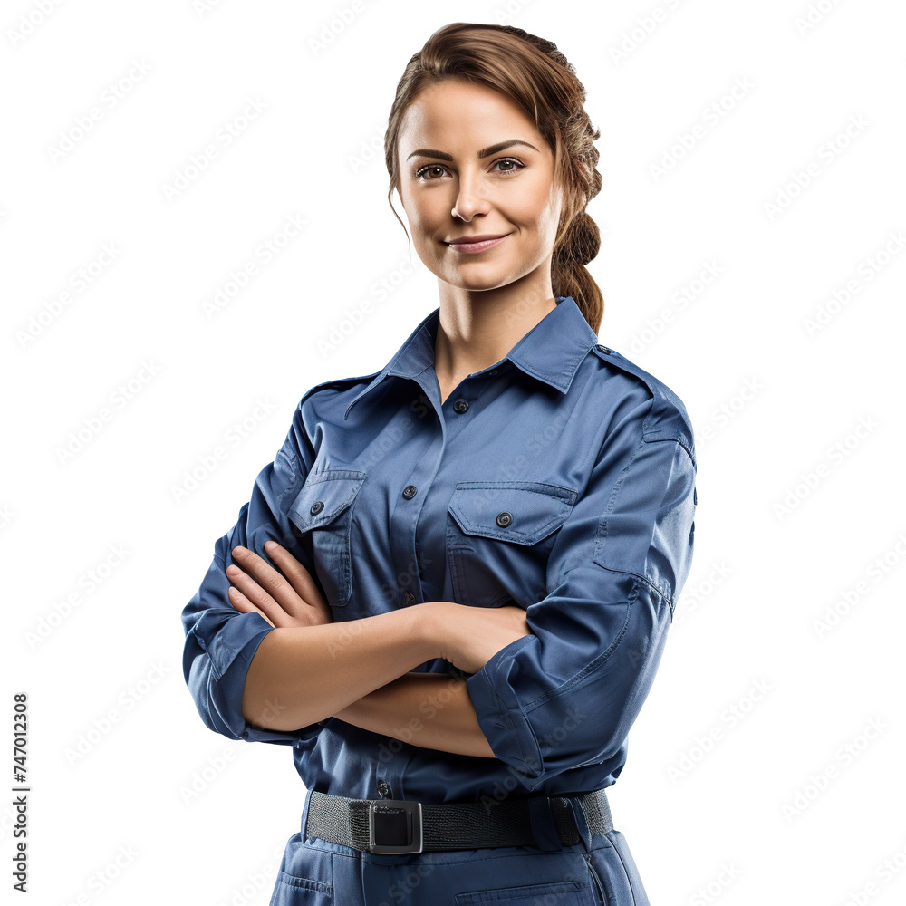 Young woman stands confidently wearing a professional mechanics uniform ...