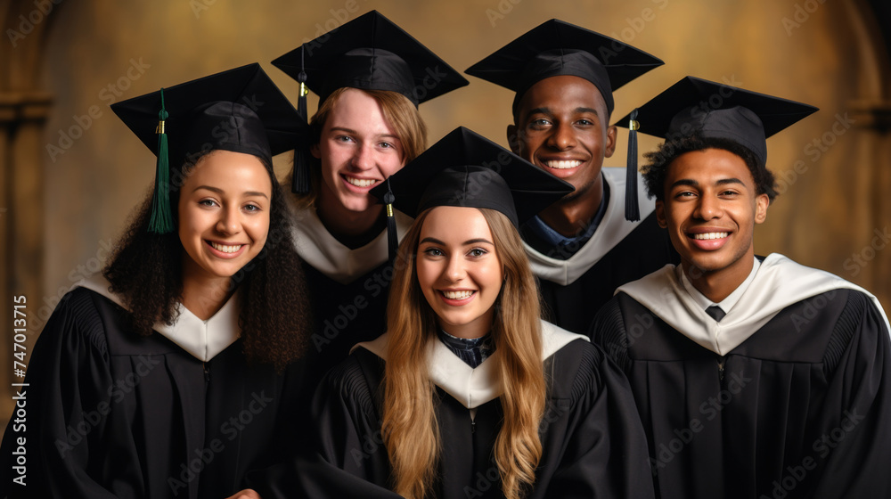 Happy graduating international students wearing bachelor gowns and ...