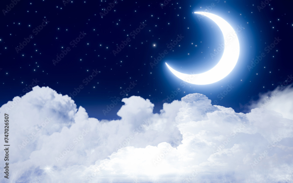 crescent moon bright blue light In the sky where the stars are ...