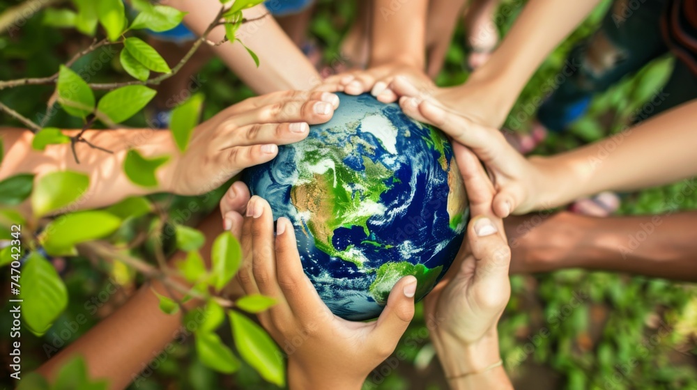 Diverse hands unite around a vibrant Earth, symbolizing global unity and environmental ...