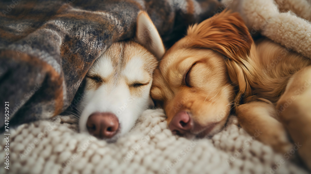 Closeup photography of a two dogs sleeping on the bed together, covered ...